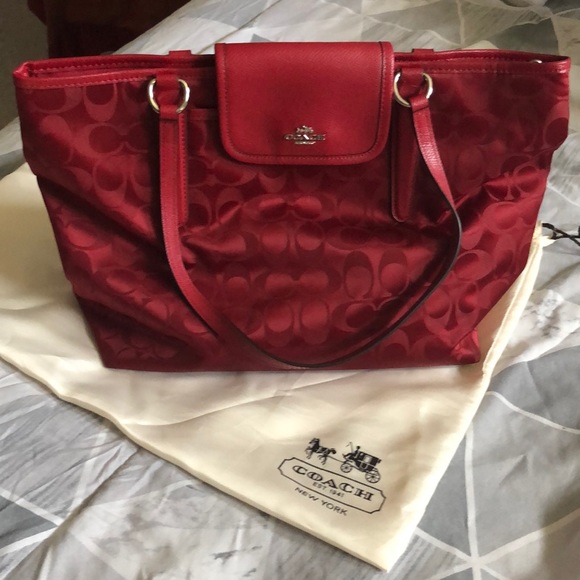 Bags | Coach Signature Red Nylon Tote | Poshmark